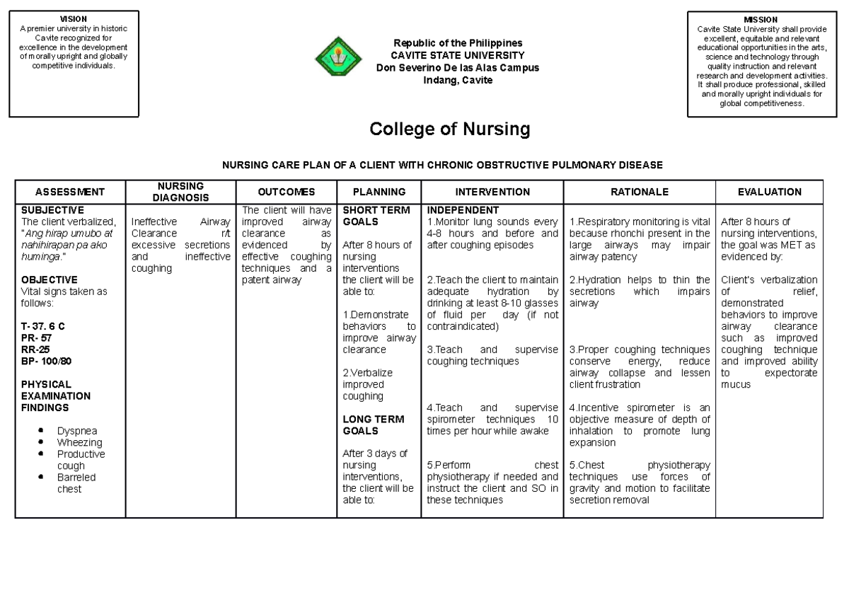 Nursing Care Plan: COPD Management for NCP Course - Studocu