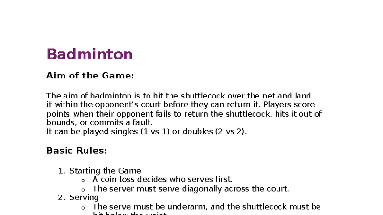 PE Lifestyle Sports: Badminton Rules & Inclusivity Adaptations - Studocu