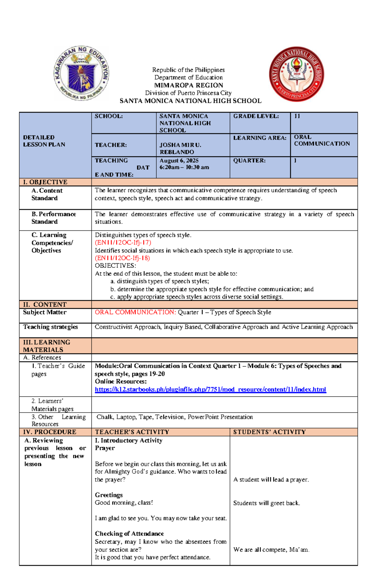 Detailed Lesson Plan on Oral Communication (Grade 11) - 1st Quarter ...