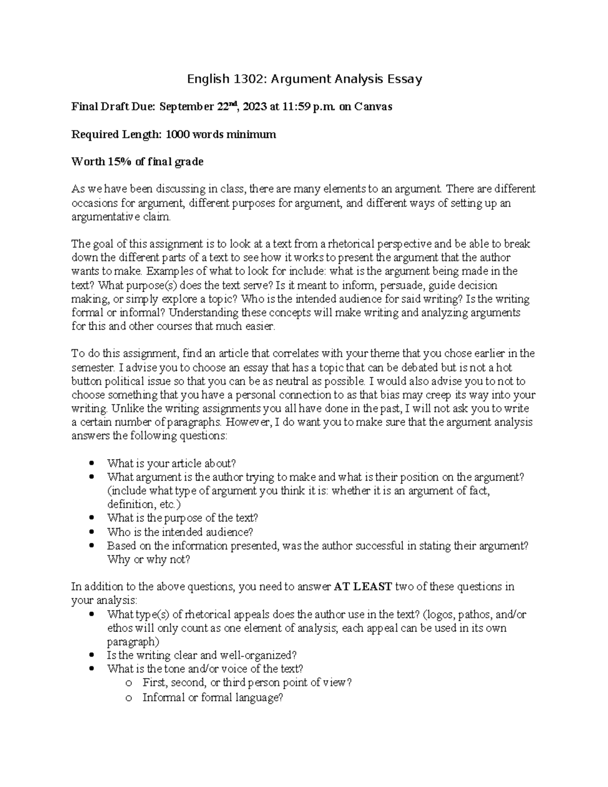 English 1302: Final Draft of Argument Analysis Essay - Studocu