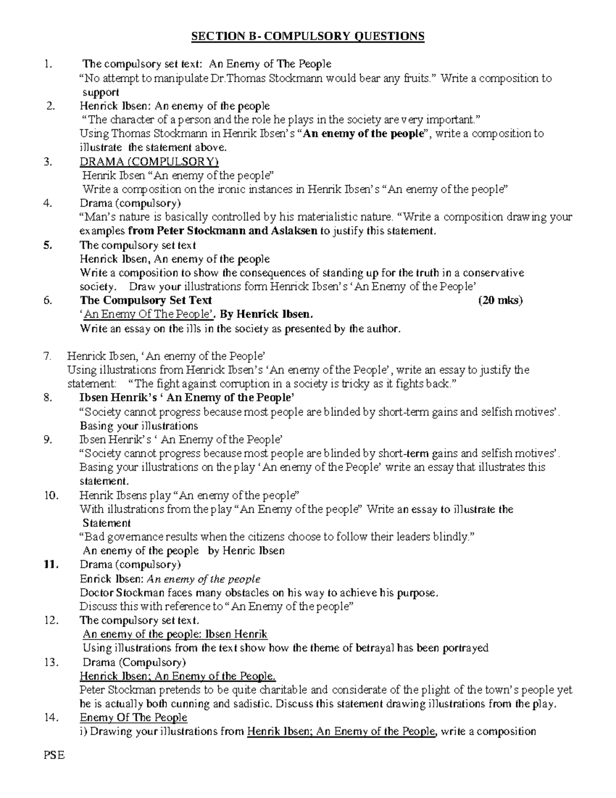 Compulsory Questions on Henrik Ibsen's "An Enemy of the People" - Studocu