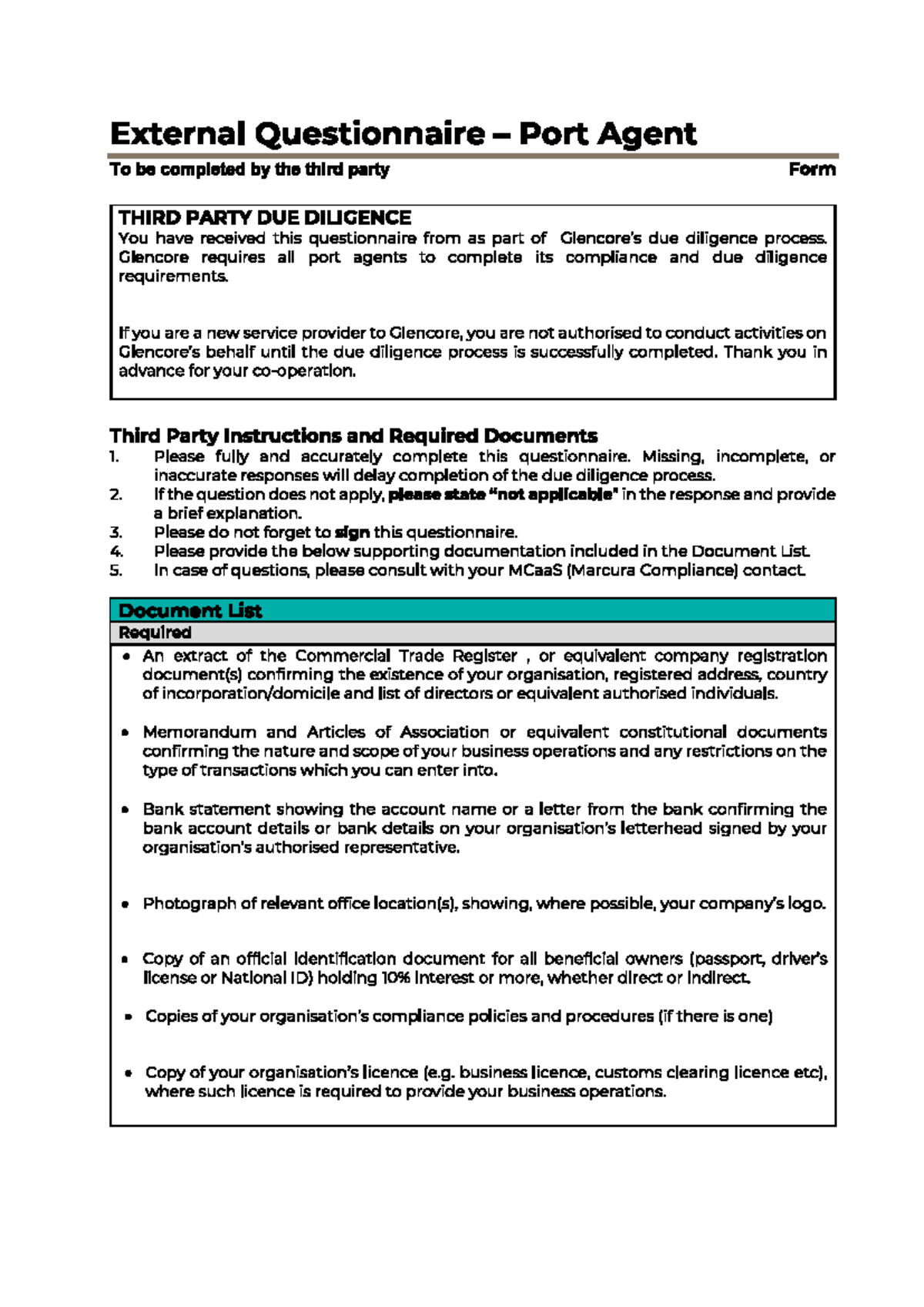 External Questionnaire for Port Agent Compliance - Form THIRD PARTY DUE ...