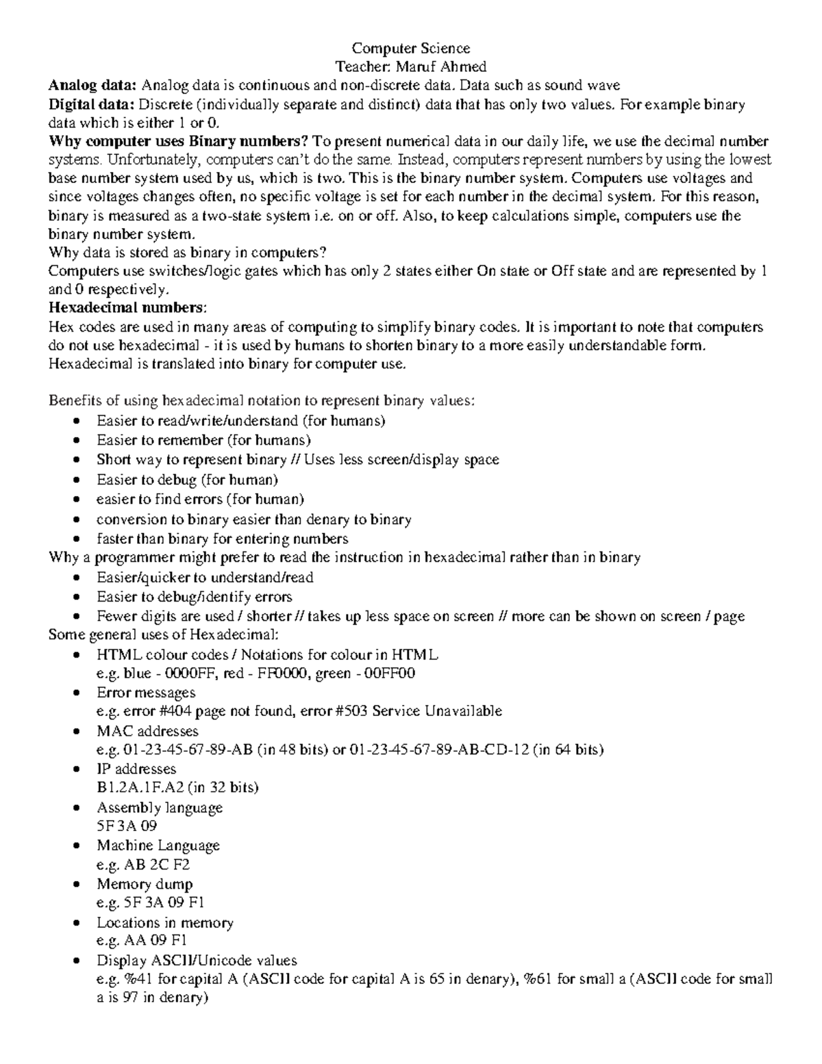 CS101: Chapter 1 - Understanding Binary and Hexadecimal Data - Studocu