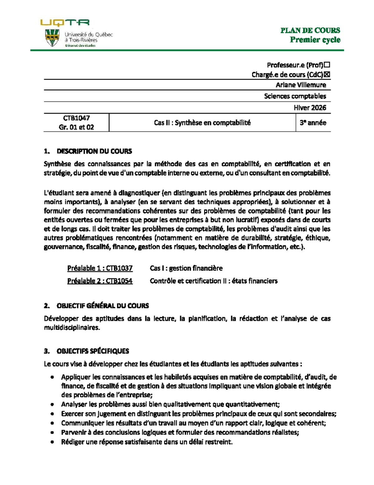 UQTR CTB1047 Plan de Cours - Cas II en Comptabilité Hiver 2026 - Studocu