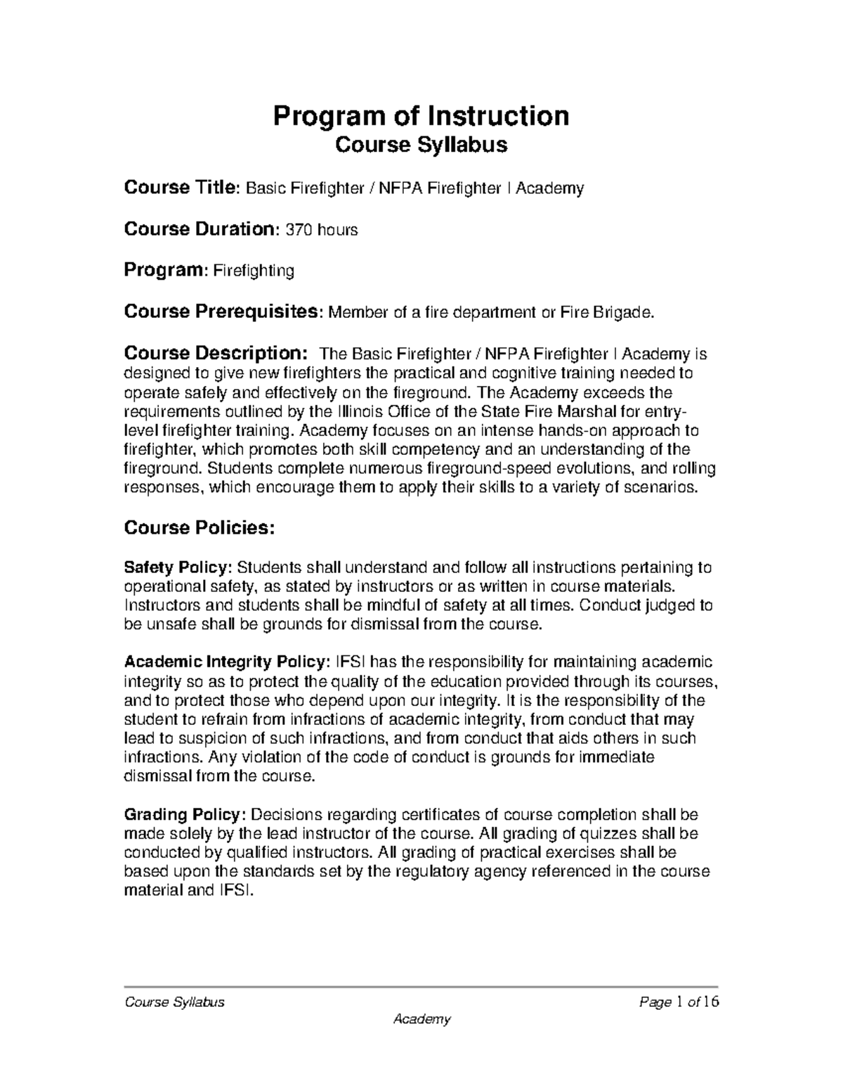 Basic Firefighter Course Syllabus (NFPA Firefighter I Academy) - Studocu