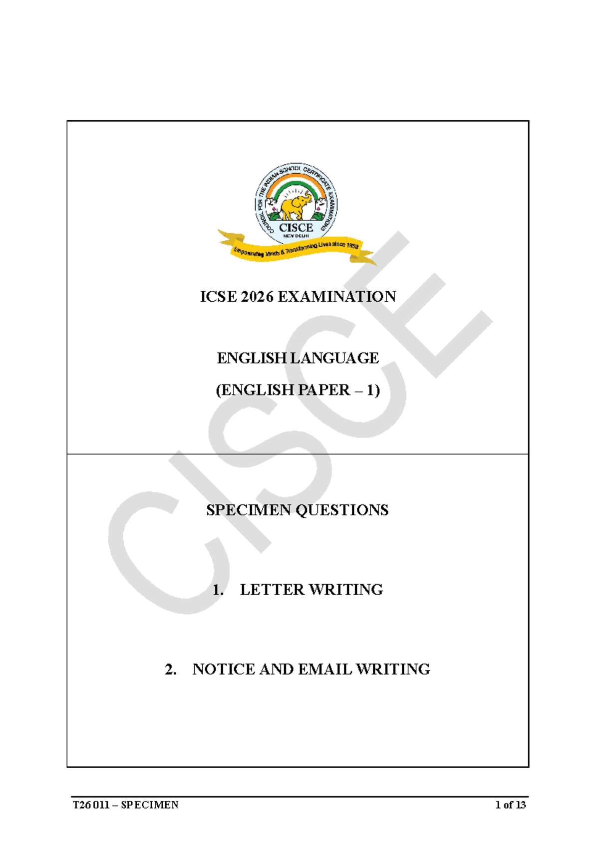 ICSE 2026 ENGLISH LANGUAGE PAPER 1: LETTER & NOTICE WRITING SPECIMENS ...