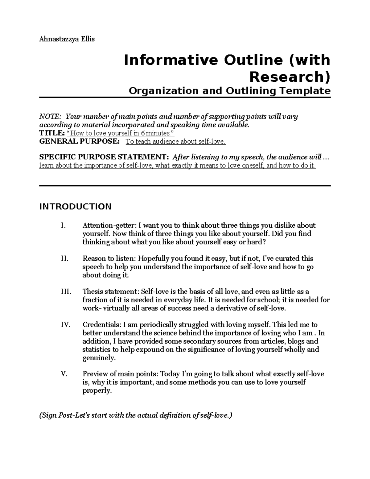ENG 101: Informative Speech Outline on Self-Love and Confidence - Studocu