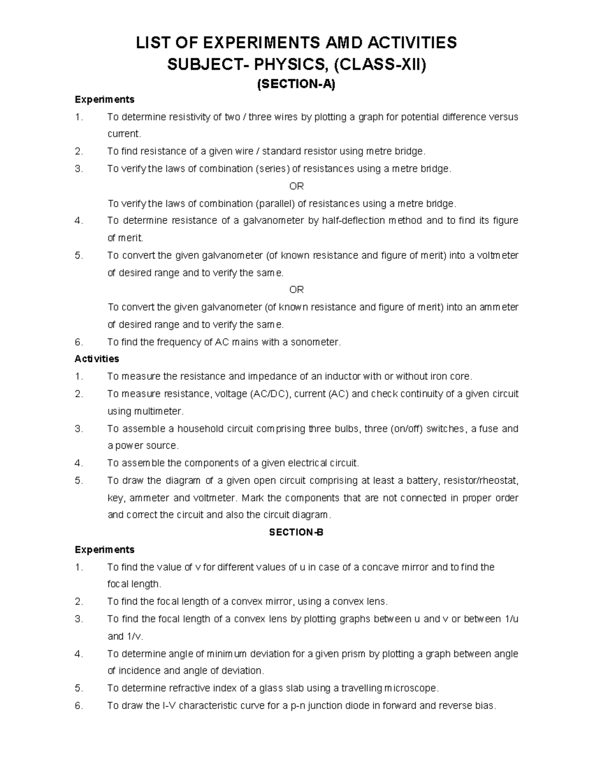 List of Experiments & Activities in Physics Class-XII - Studocu