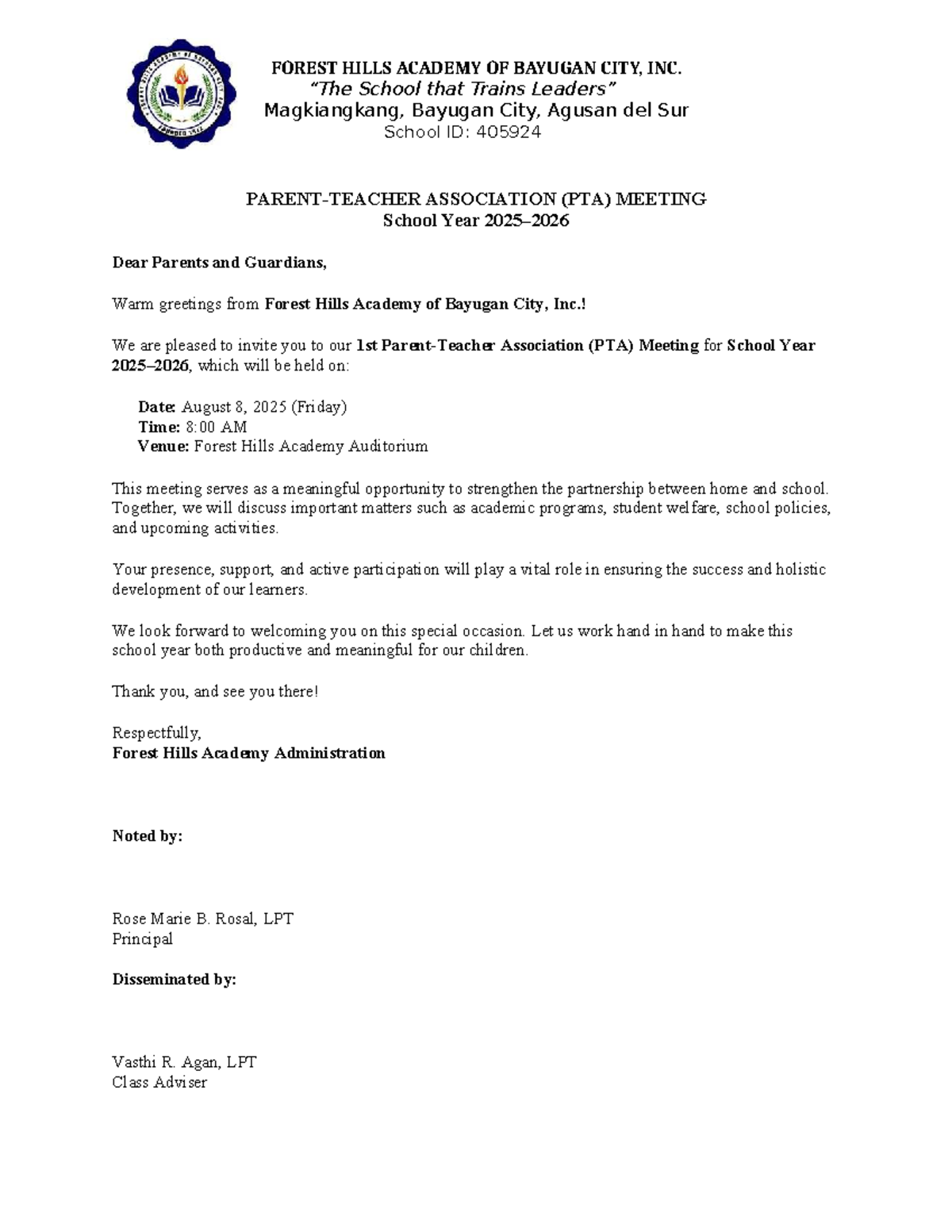 Final PTA Meeting Invitation - Forest Hills Academy 2025 - Studocu