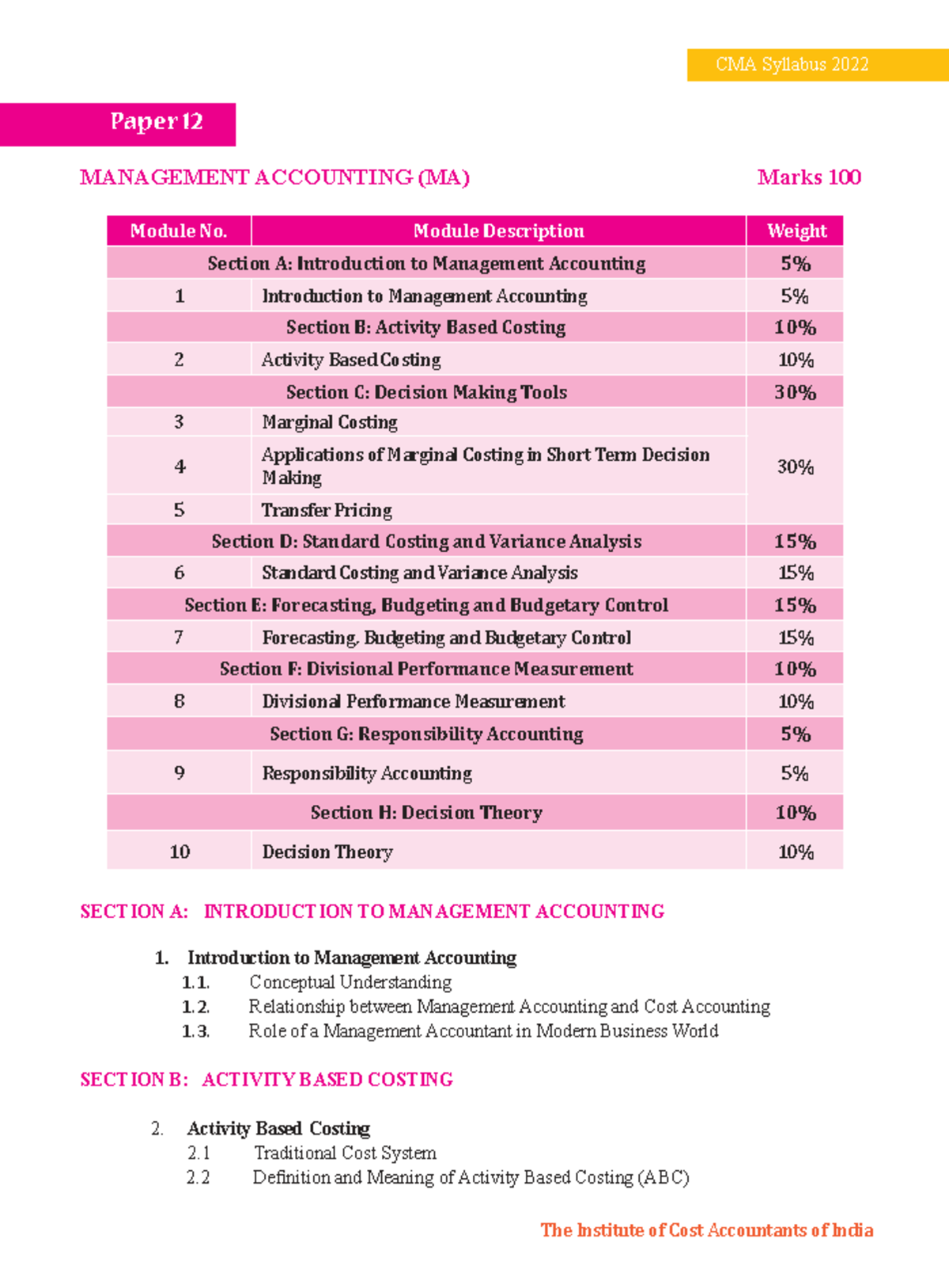 CMA Syllabus 2022 Paper 12: Management Accounting Key Notes - Studocu