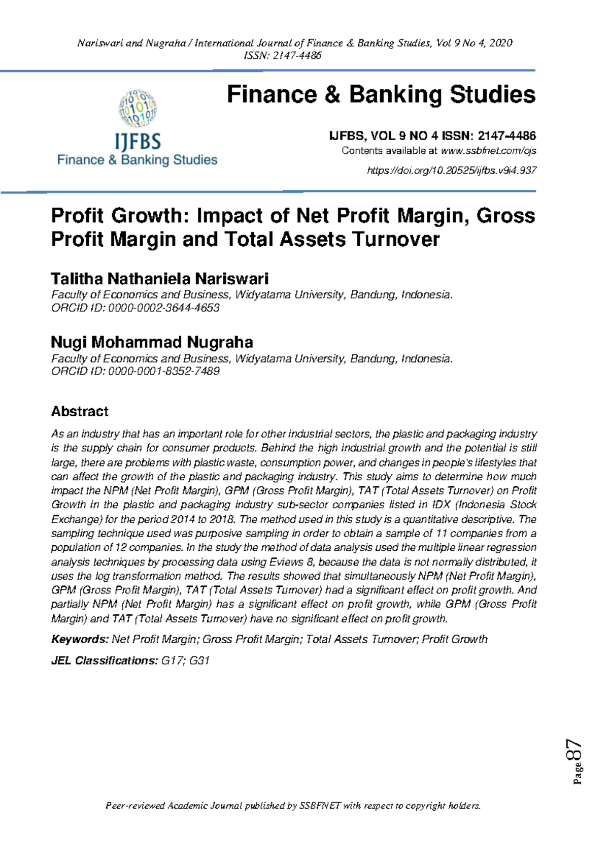 Profit Growth Analysis: Impact of NPM, GPM, and TAT (IJFBS V9) - Studocu