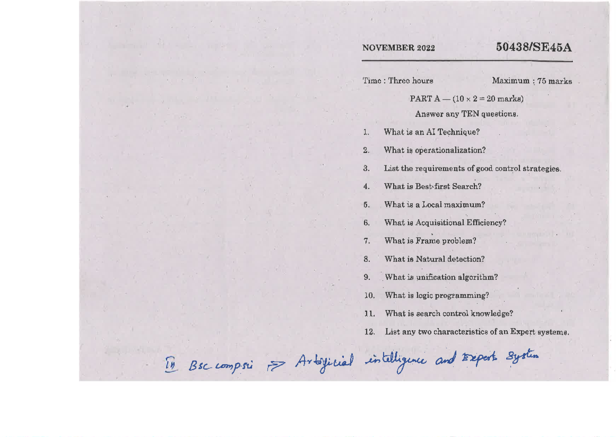 SE45A-NOV22 - RDBMS Question Paper & AI Techniques Overview - Studocu