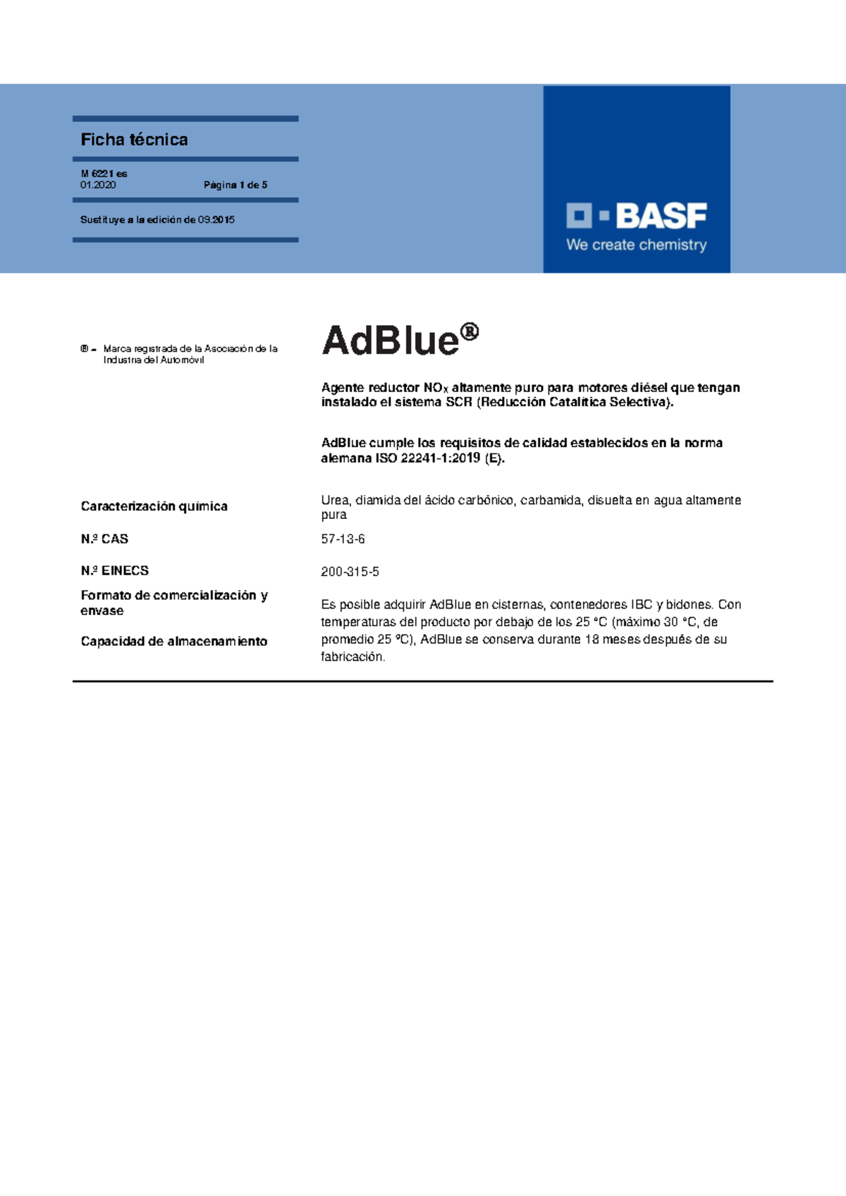 Ficha Técnica de AdBlue - BASF M 6221 (E) 01.2020 - Studocu