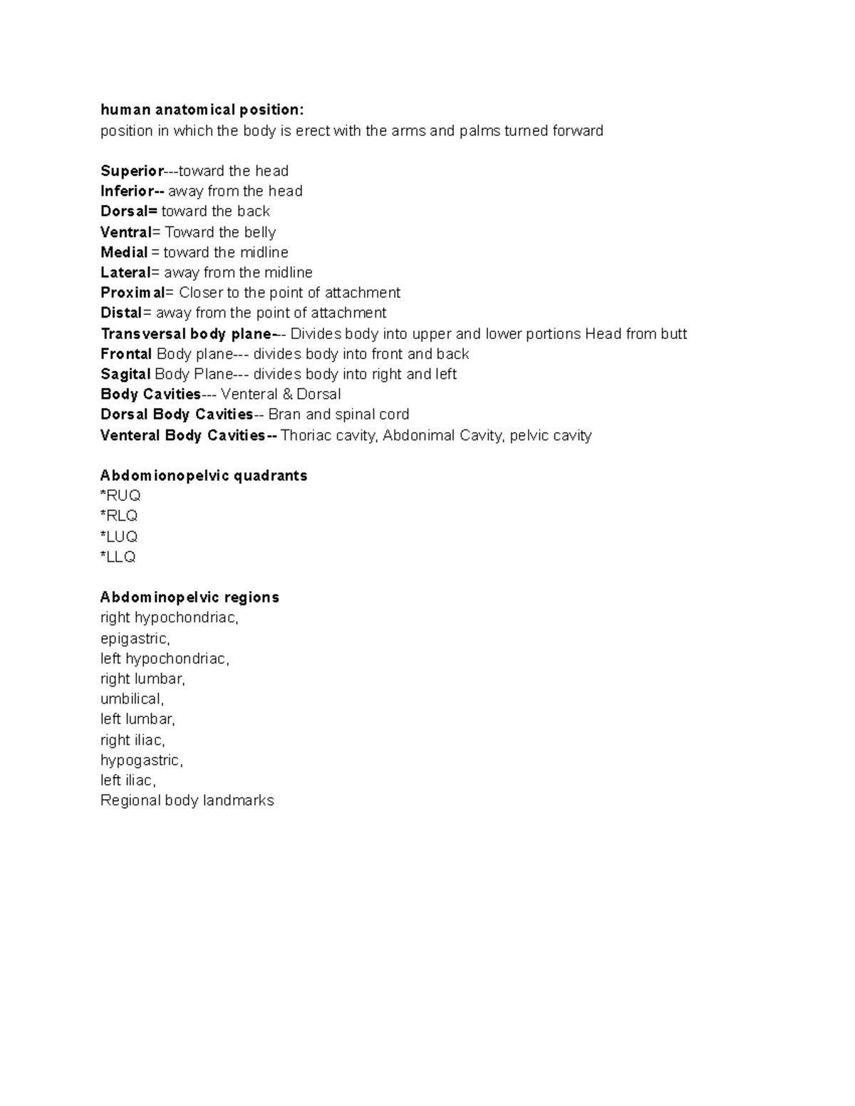 Human anatomical position and regional body landmarks (Unit 2) - Studocu