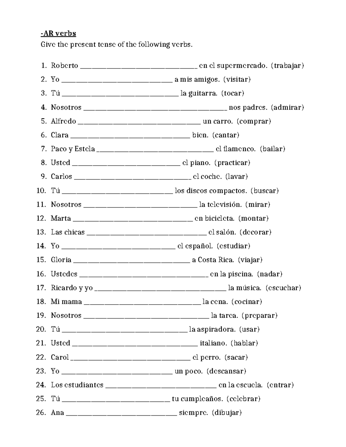 AR Verbs Present Tense Practice Worksheet - FDFV - Studocu