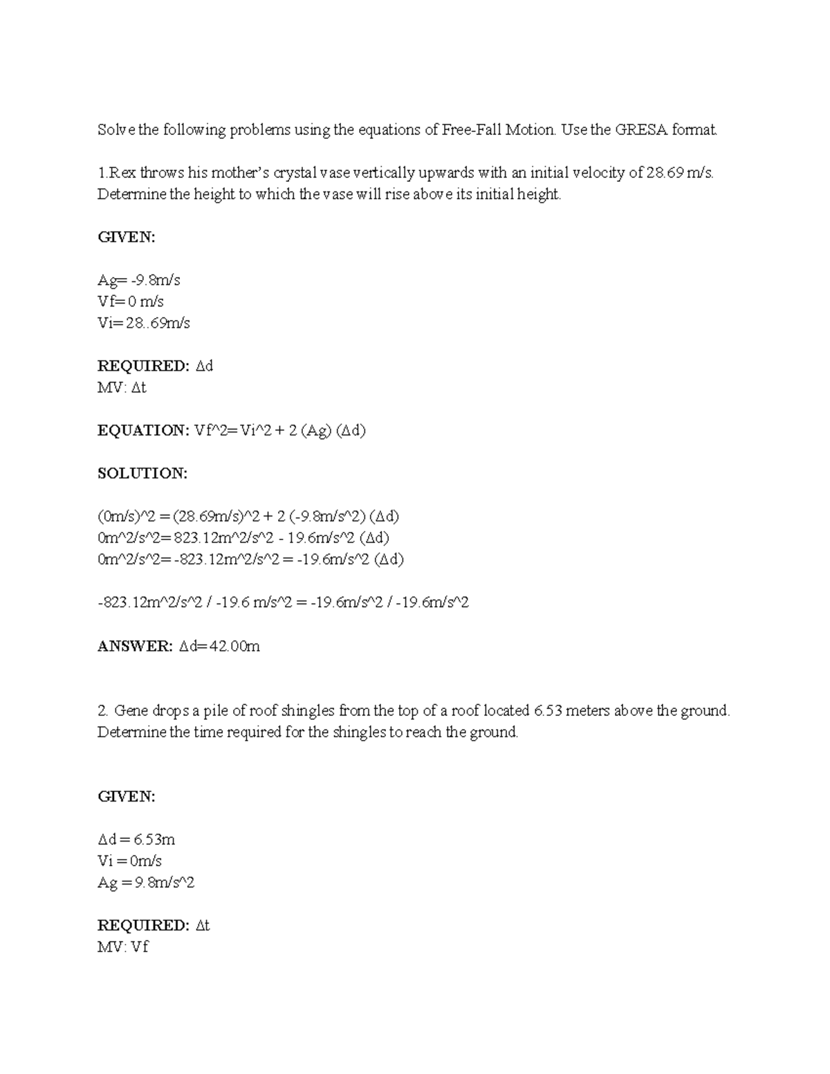 Projectile Motion Problem Solving Using GRESA Format - Studocu