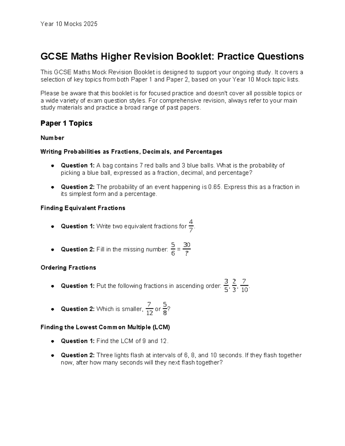 Year 10 Mocks 2025 GCSE Maths Higher Revision Booklet - Studocu