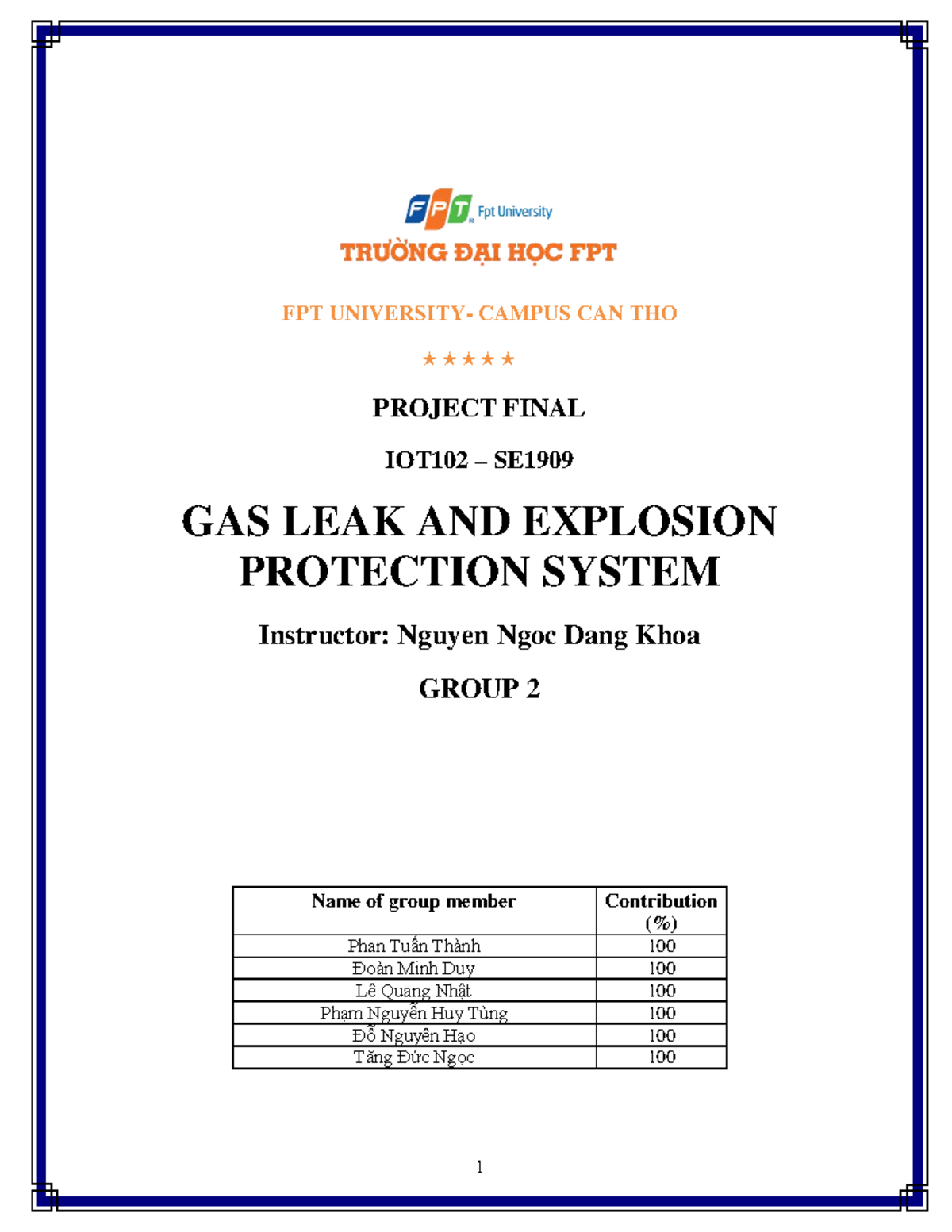 FPT CAMPUS CAN THO PROJECT FINAL IOT102 SE1909 GAS LEAK & EXPLOSION PROTECTION - Studocu
