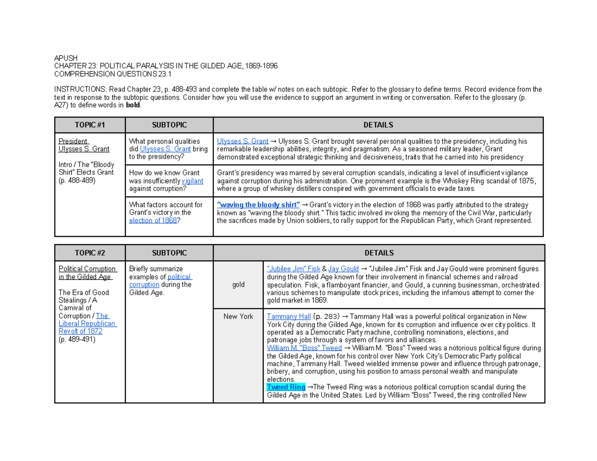 APUSH CHAPTER 23: COMPREHENSION QUESTIONS ON POLITICAL PARALYSIS - Studocu