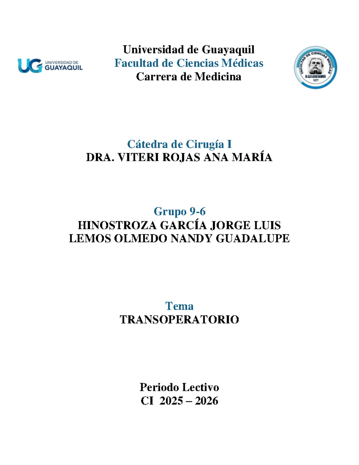 Transoperatorio: Guía Completa para Cirugía I - CI 2025-2026 - Studocu