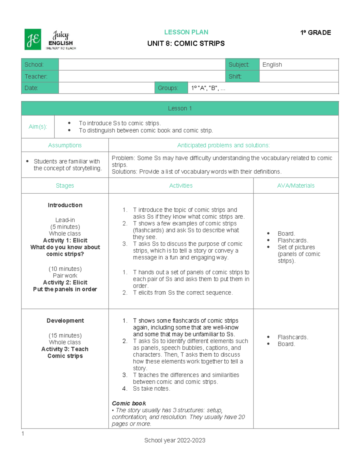 LESSON PLAN 1º GRADE UNIT 8: COMIC STRIPS (2022-2023) - Studocu