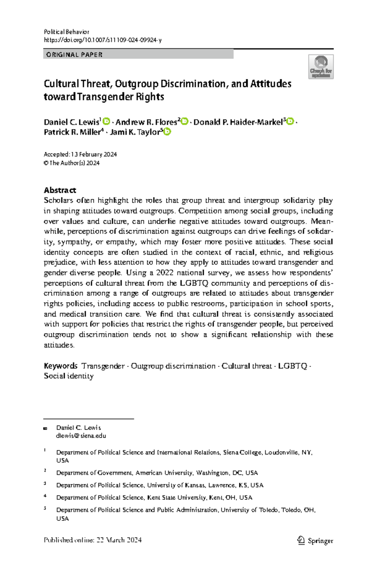 Cultural Threat and Discrimination: Attitudes Toward Transgender Rights ...