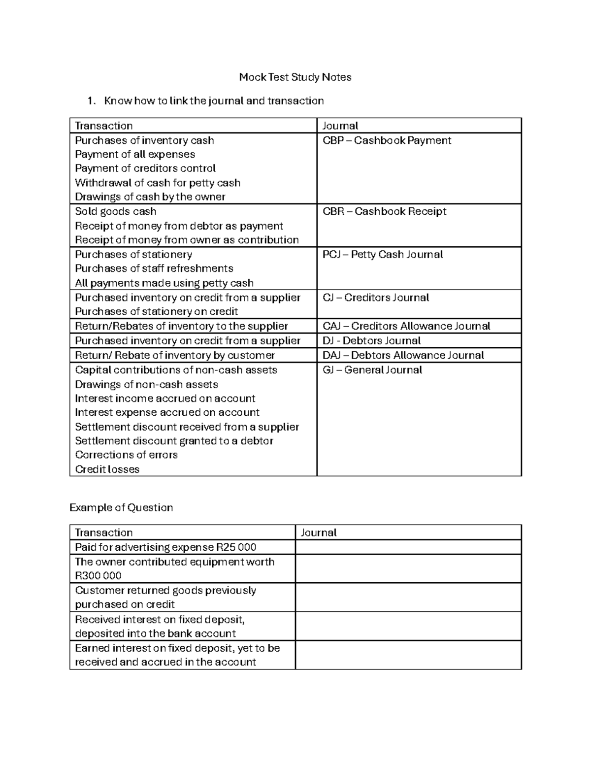 Mock Test Study Notes 1: Linking Journals and Transactions in ...