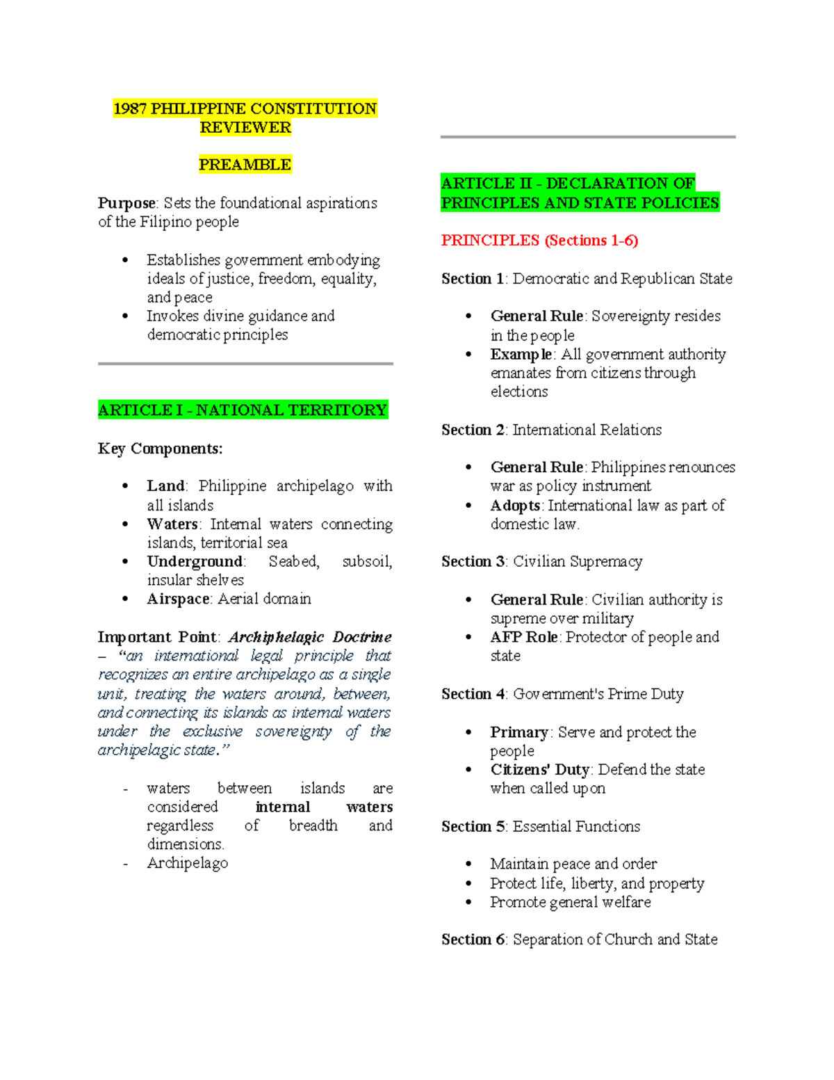 Constitutional Law 1 Reviewer: Key Principles & Articles of 1987 PH ...