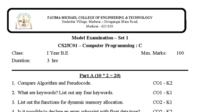 CS25C01 Model Exam Set 1 - Computer Programming: C - Studocu