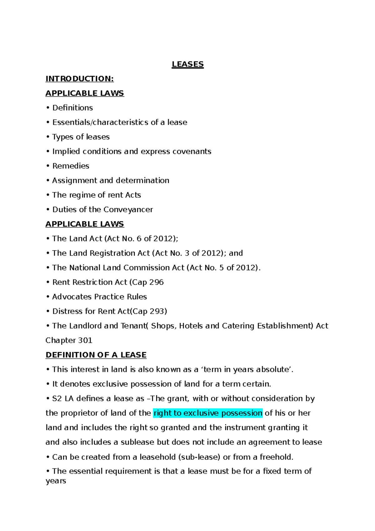 10- Lease Law Overview: Definitions, Types, & Key Provisions - Studocu