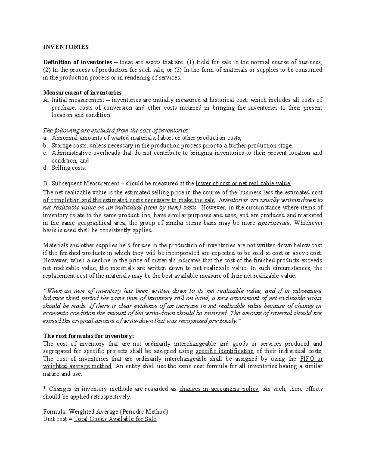 INVENTORIES: Definition, Measurement, and Accounting Methods - Studocu