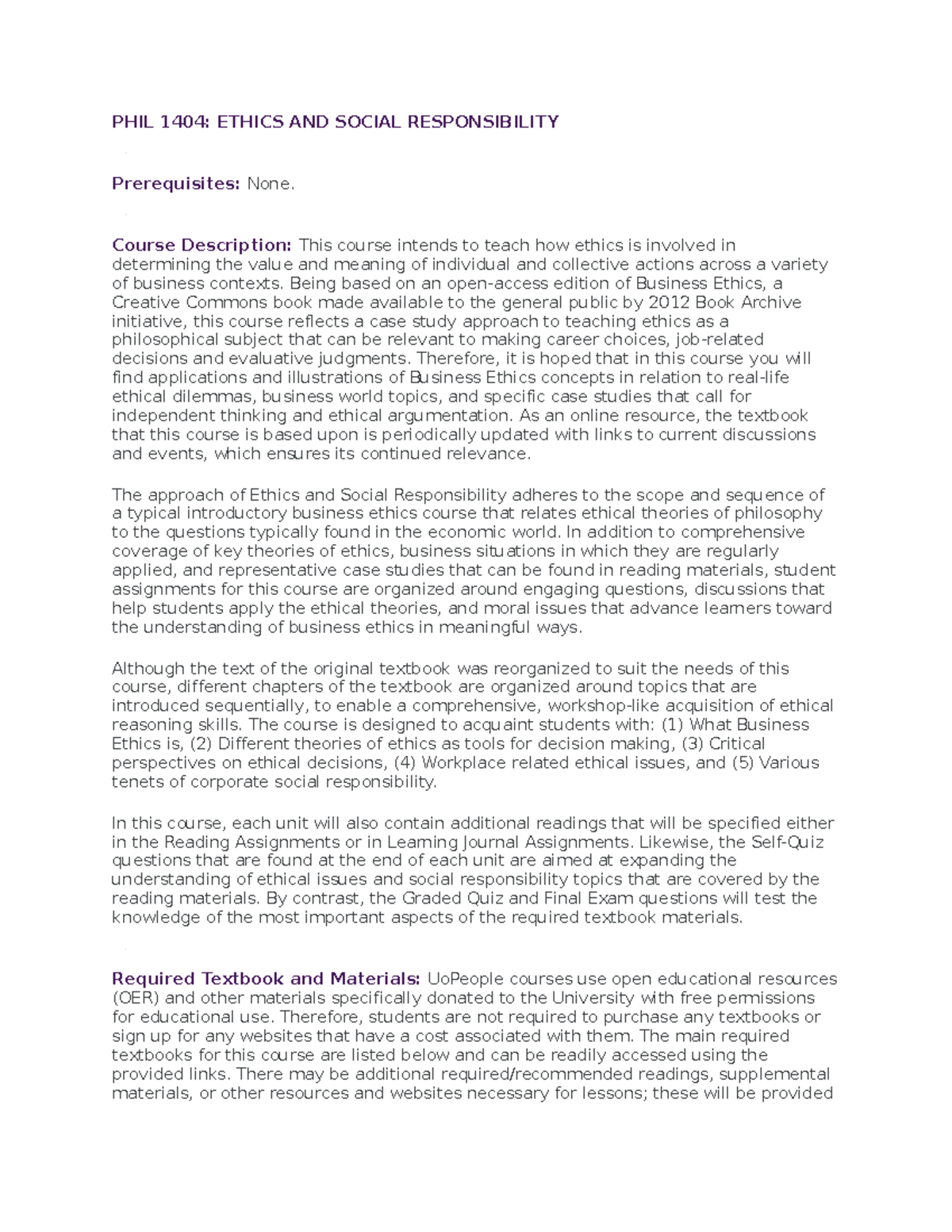 PHIL 1404 Syllabus: Overview of Ethics & Social Responsibility Course - Studocu