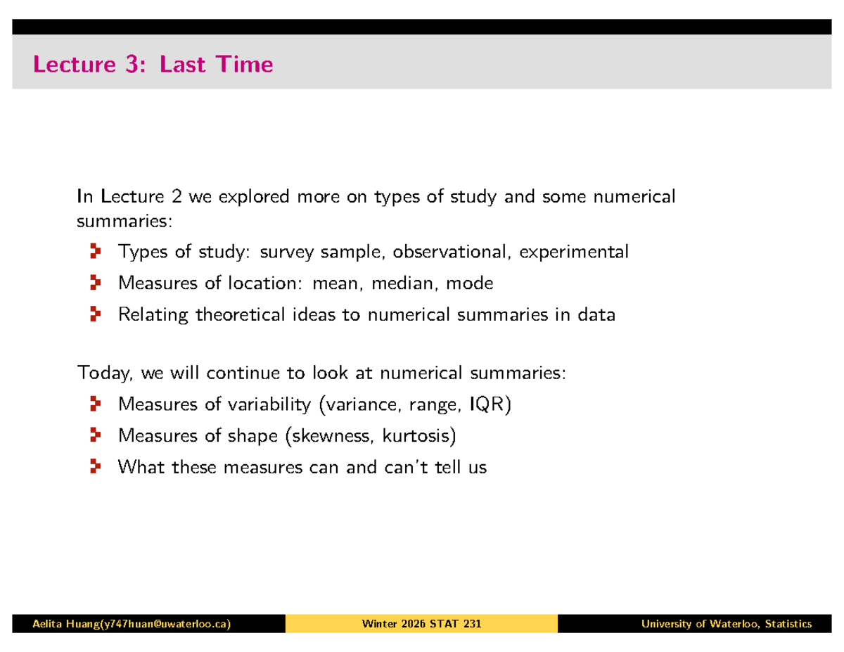 Lecture 3: Measures of Variability in Statistics (STAT 231) - Studocu