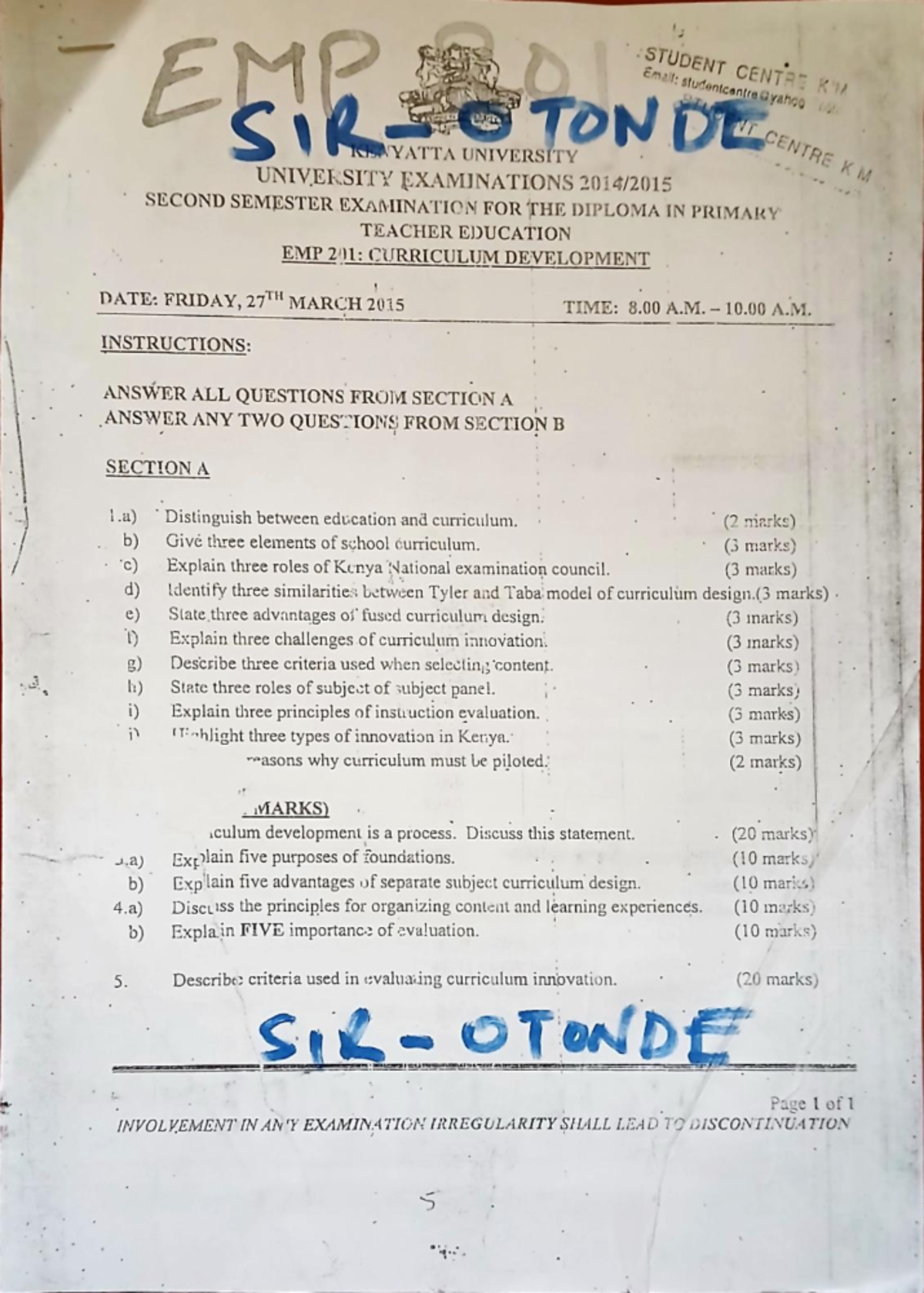 EMP 211: Past Exam Papers on Curriculum Development - Studocu