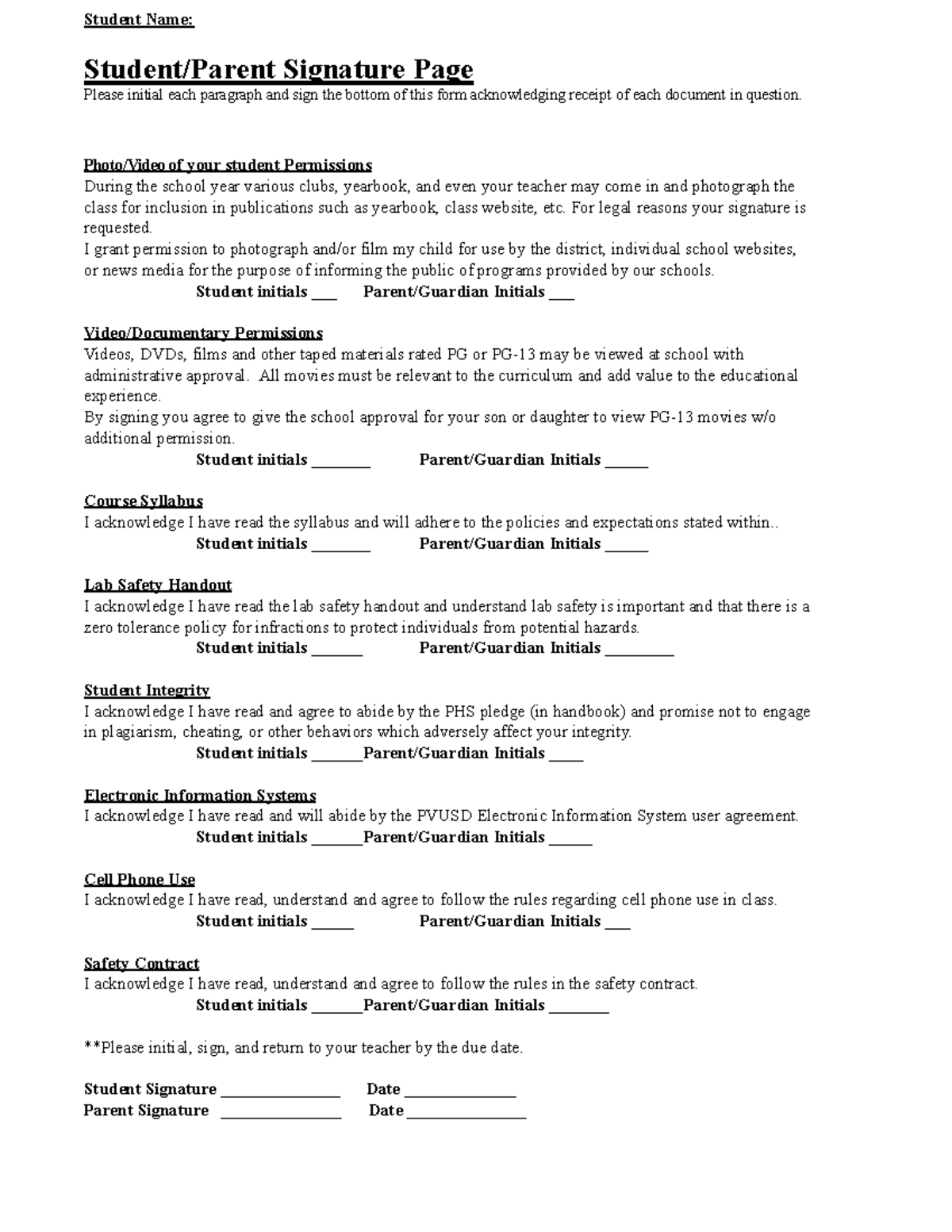 Student Parent signature page - Student Name: Student/Parent Signature ...
