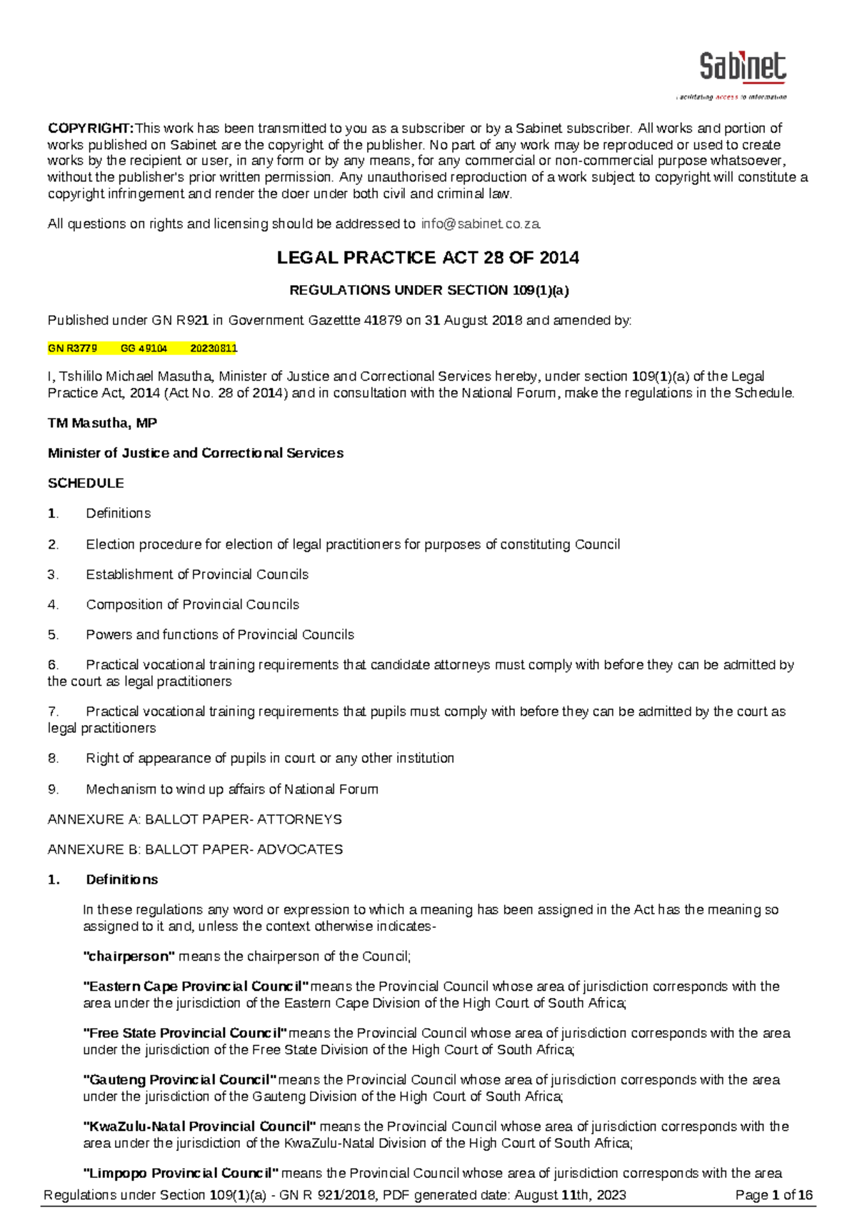 Regulations Under Section 109(1)(a) of Legal Practice Act 28/2014 - Studocu