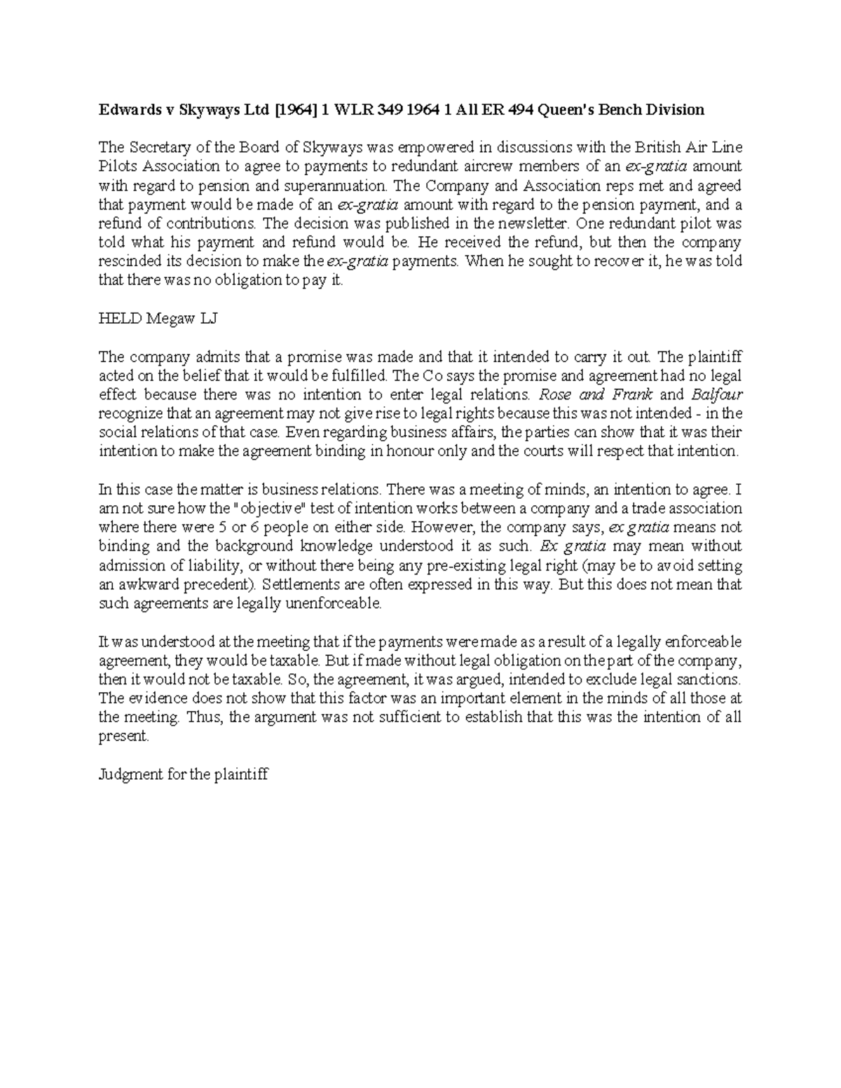 Edwards v Skyways Ltd Case Study Analysis - 1964 Legal Precedent - Studocu