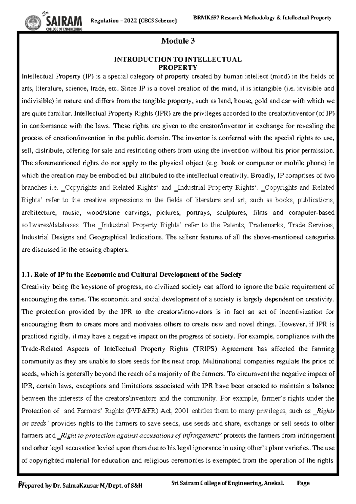 Lecture Notes Module 3: Introduction to Intellectual Property BBMK557 ...