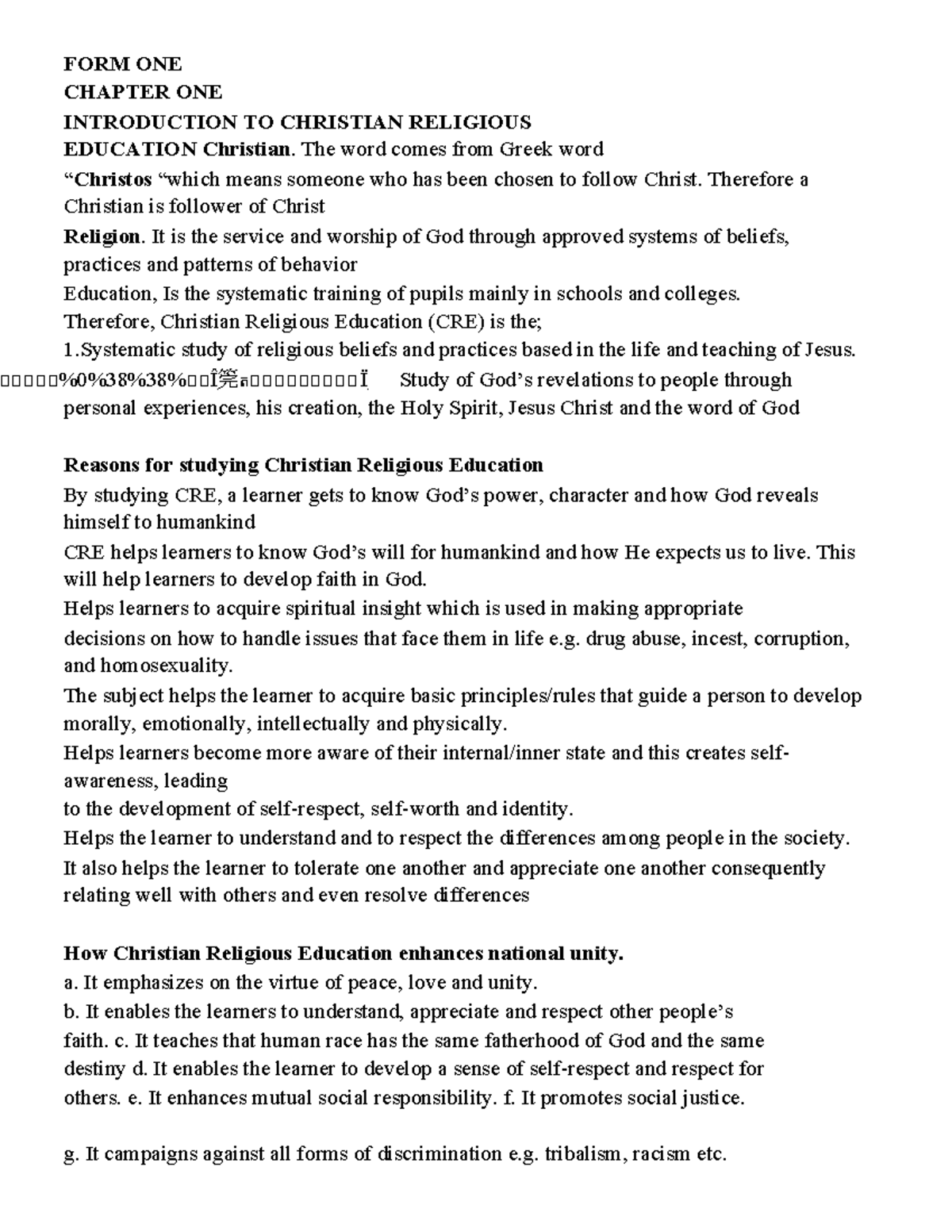 CRE PP1 - ldsgdsfsd - FORM ONE CHAPTER ONE INTRODUCTION TO CHRISTIAN ...