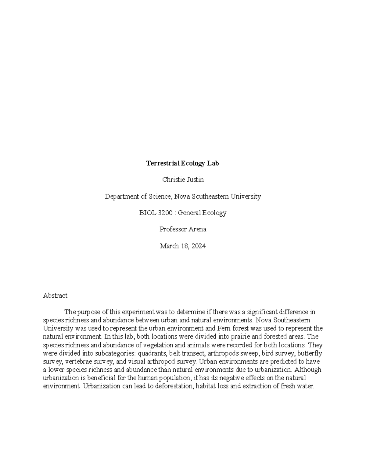 BIOL 3200: Terrestrial Ecology Lab Report on Urban vs. Natural ...