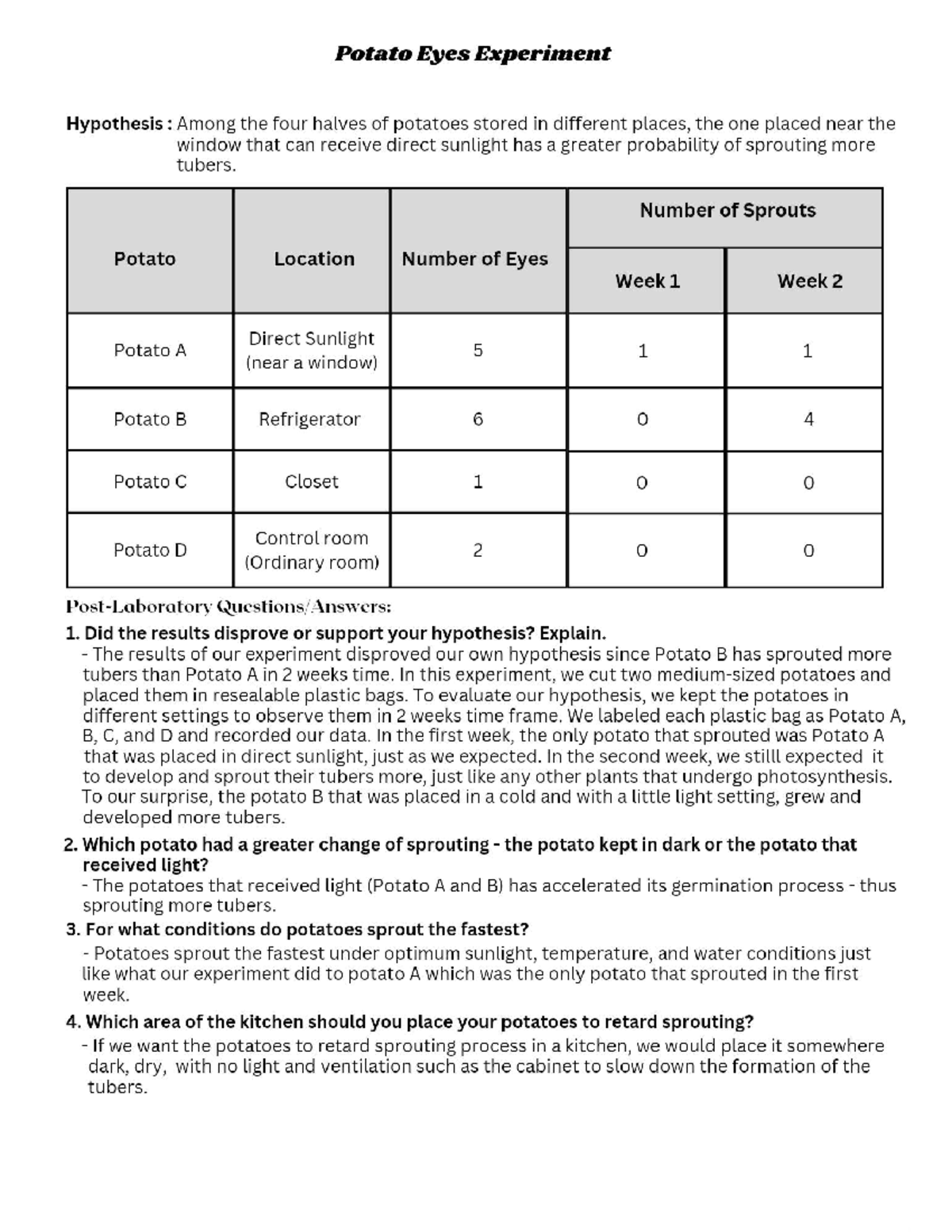 Potato Eyes Experiment - Number of Sprouts Potato Location Number of ...