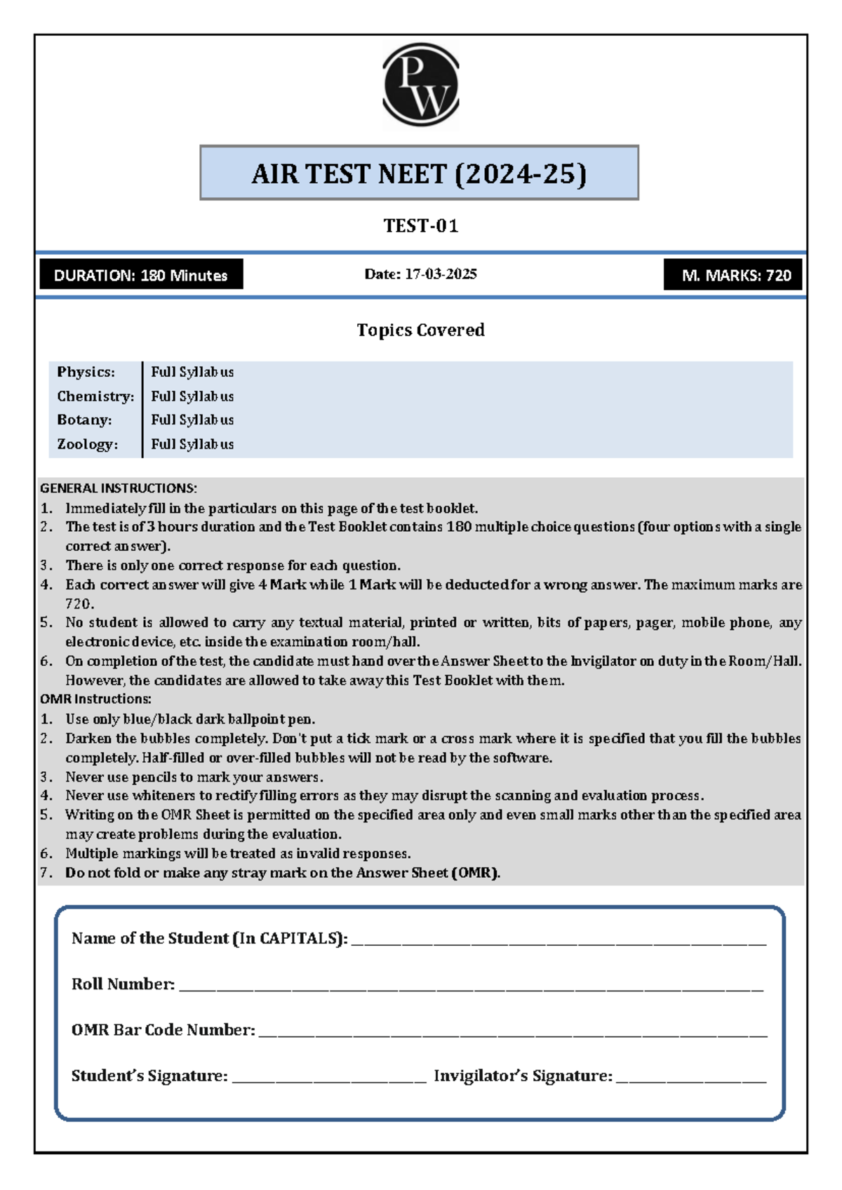 AIR Test-01 NEET (2024-25) Full Syllabus Question Paper - Studocu