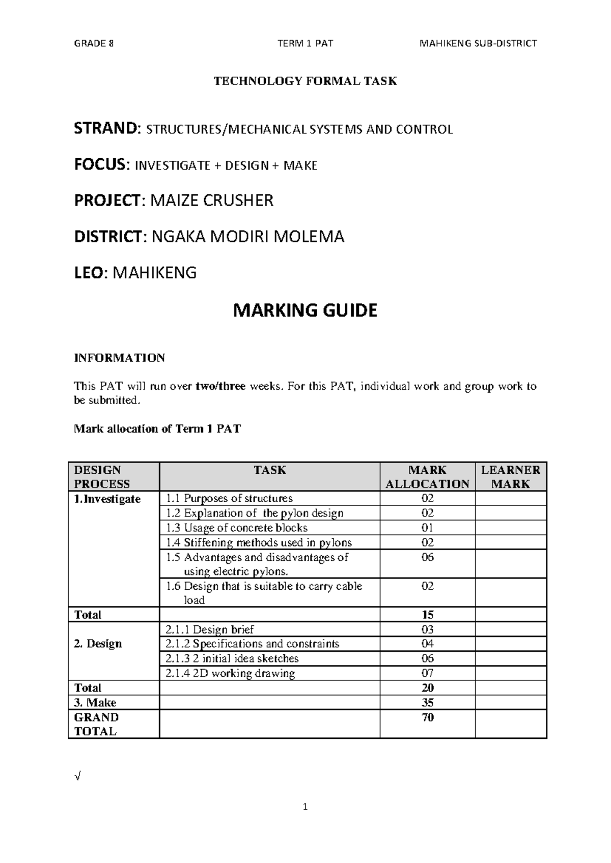 2024 PAT Grade 8 Technology Marking Guidelines - Maize Crusher Project ...