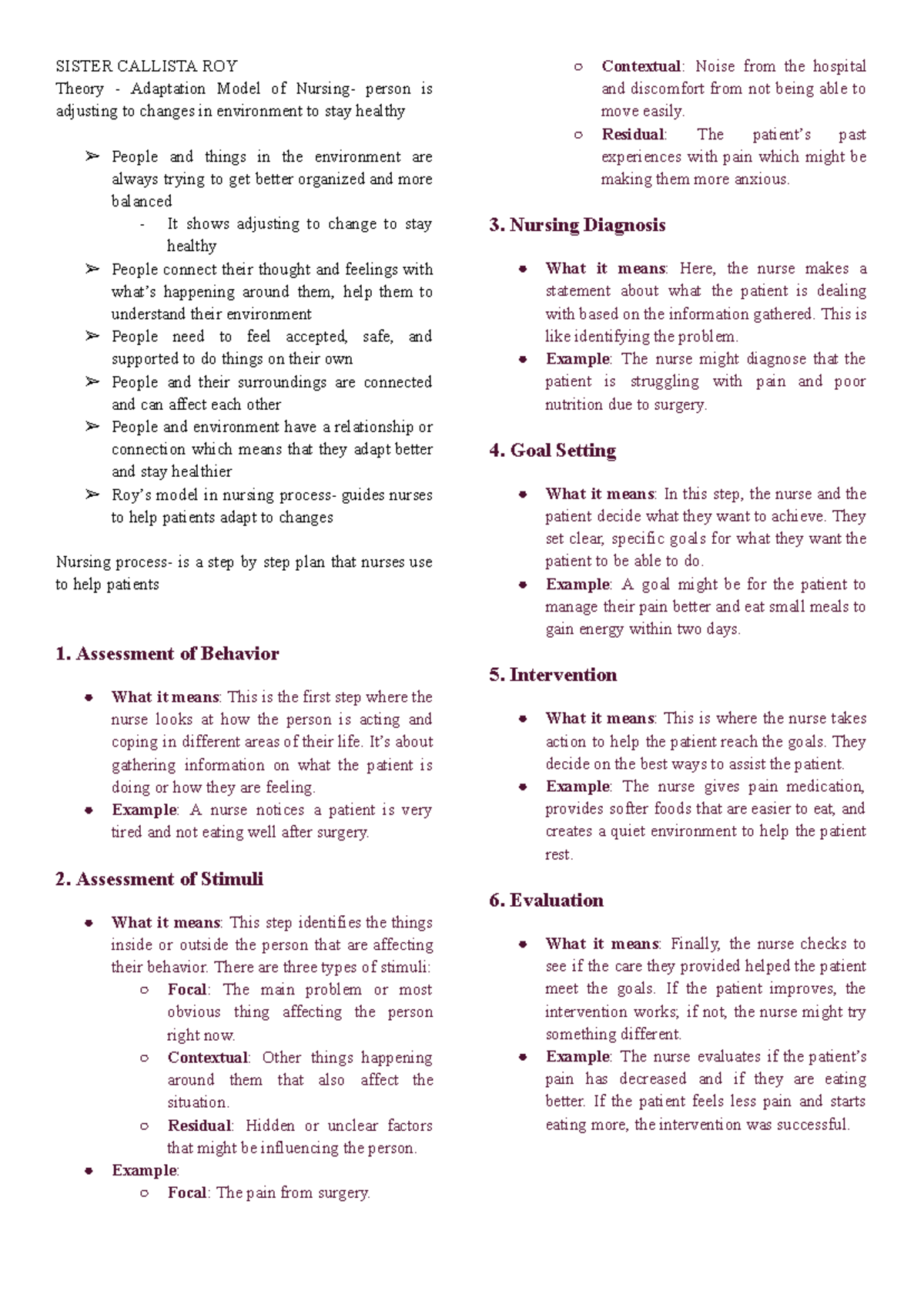 Sister Callista Roy's Adaptation Model in Nursing Care - Studocu