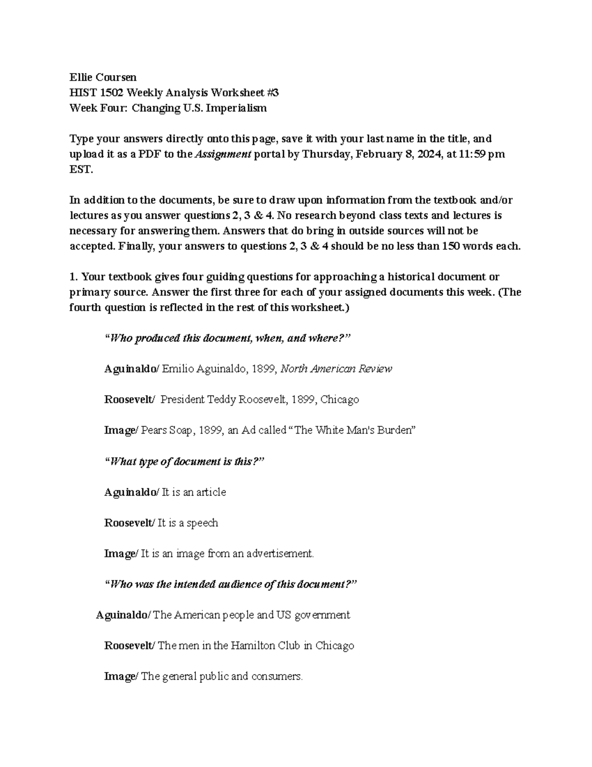 HIST 1502 Weekly Analysis Worksheet #3: U.S. Imperialism Insights - Studocu