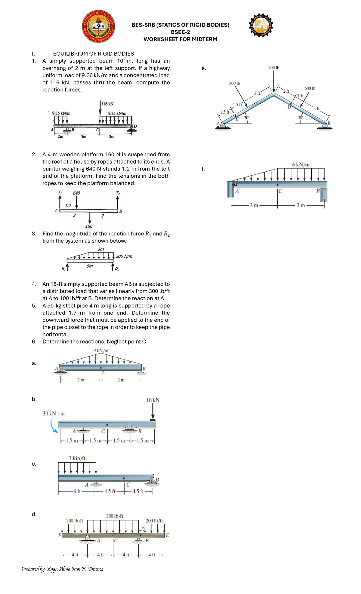 Worksheet-SRB - its a big help - Prepared by: Engr. Alma Jean R. Jimenez BES-SRB (STATICS OF ...