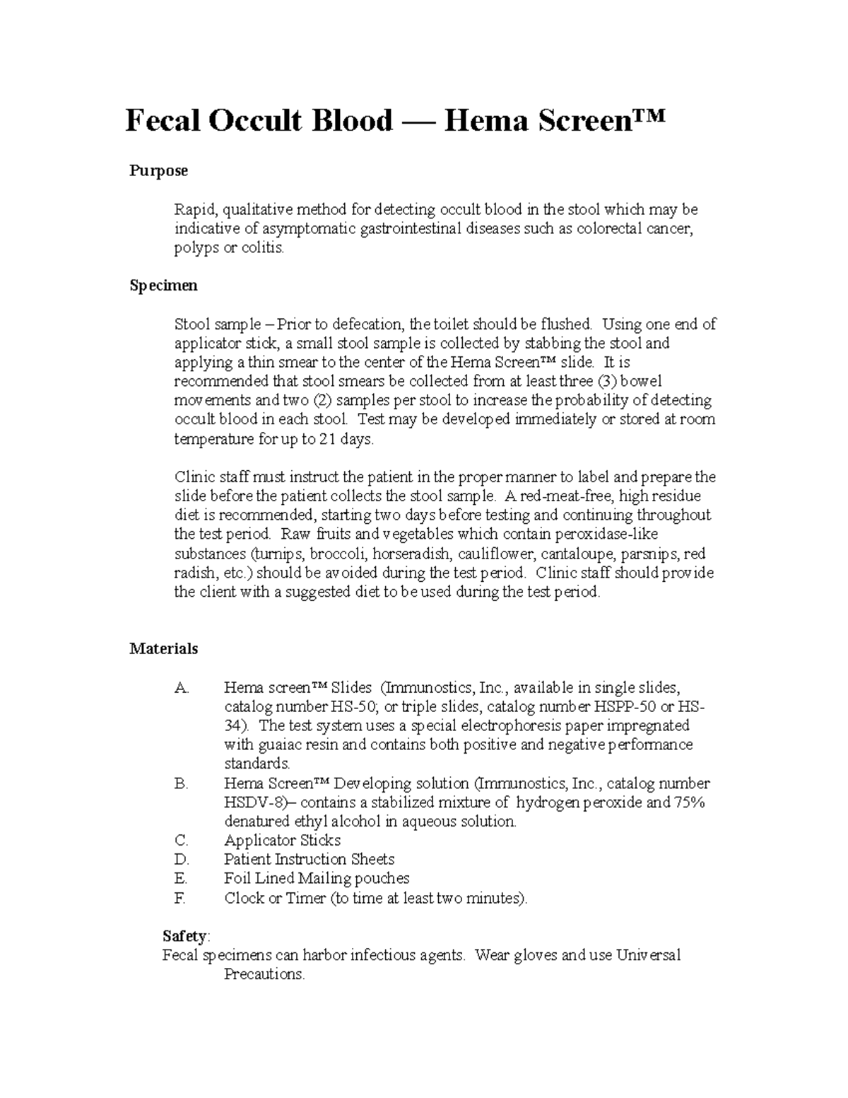 Fecal Occult Blood Testing Guide - Hema Screen™ Procedure and QC - Studocu