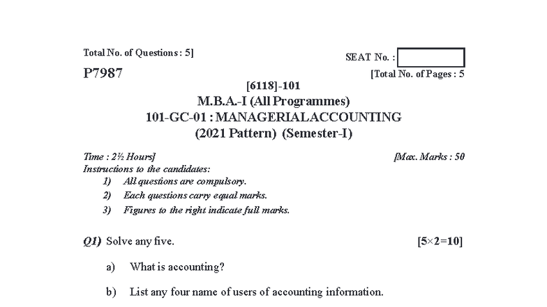 MBA (2021 Pattern) Comprehensive Question Papers for All Subjects - Studocu