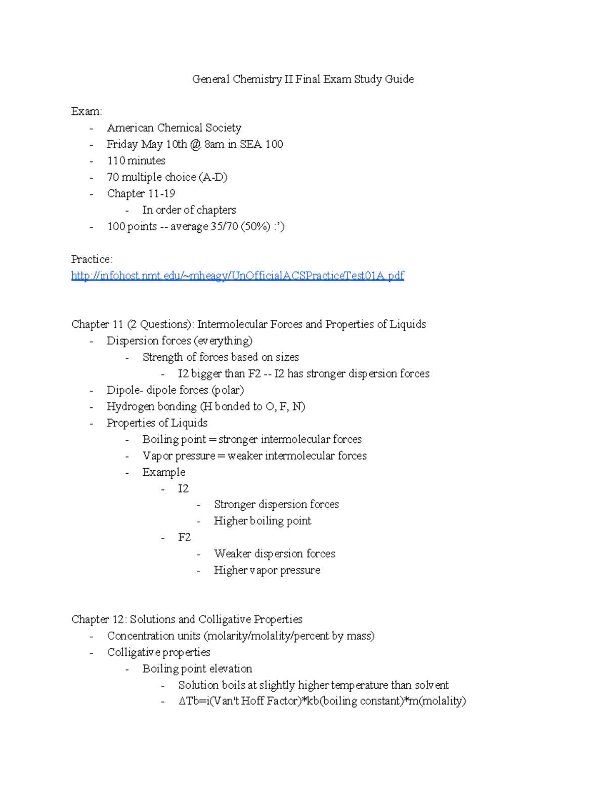 Gen Chem II Study Guide -2 - General Chemistry II Final Exam Study ...