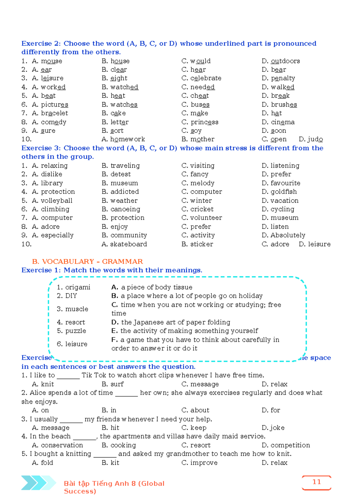 Unit 1 - English 8 (Global Success) - Exercises and Activities - Studocu